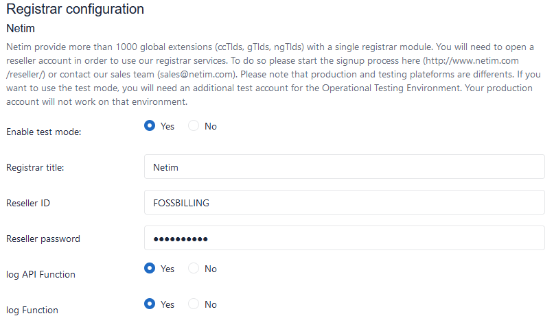 Setup Registrar Module In Fossbilling Netim Support